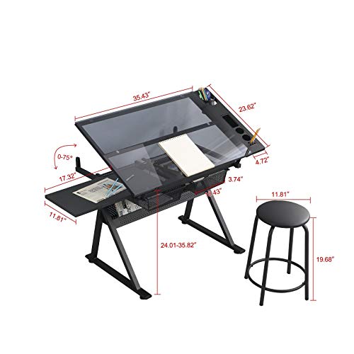 KAAYEE Premium Drawing Draft Table - Height Adjustable Draft Drawing Desk,Up to 72°Tiltable Glass top w/Stool and Drawers for Reading, Writing Art Craft Work Station