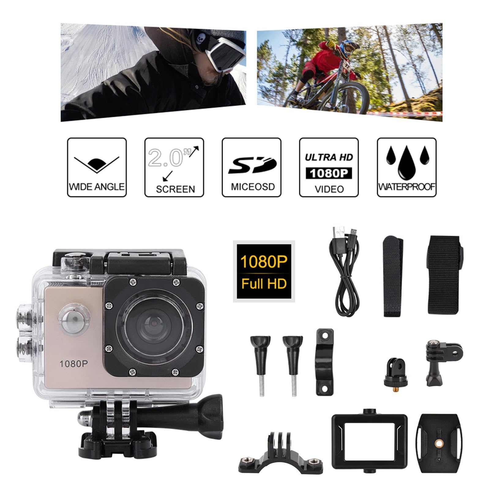 Bindpo Action Camera, 1080P 30fps 12MP 30M Sports Camera 2 Inch with Accessories for Vlogging, Diving, Skiing(Gold)