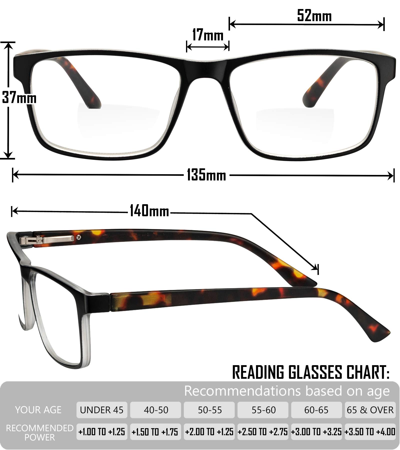 Yogo Vision Bifocal Reading Glasses for Men and Women, Rectangle MultiFocal Readers with Spring Hinges, Retro Design Black/Havana 1.75