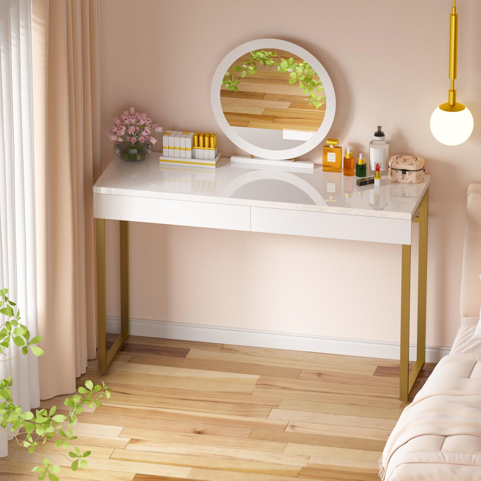 GreenForest Vanity Desk with 2 Drawers,39 inch White Desk with Glossy Desktop Easy Clean,Makeup Dressing Table with Metal Gold Legs for Home Office Small Spaces,Bedroom
