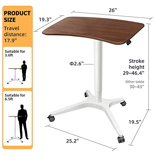 HAOOAH 47" Mobile Standing Desk(26" W*19.3" D), Adjustable Height Laptop Desk, Pneumatic Desk with Gas Spring Riser, Podium for Home, Office,Classroom,Medical, (29" to 46.9" H) (Walnut)