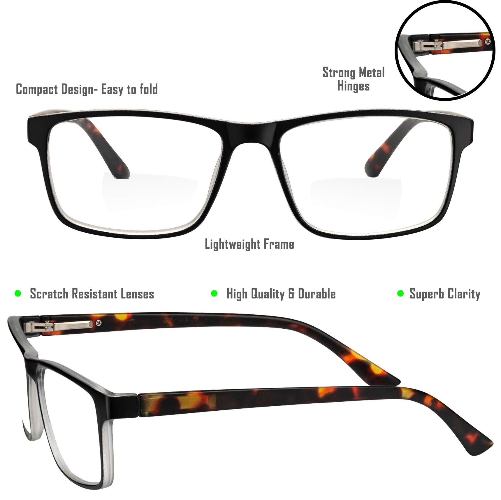 Yogo Vision Bifocal Reading Glasses for Men and Women, Rectangle MultiFocal Readers with Spring Hinges, Retro Design Black/Havana 1.75