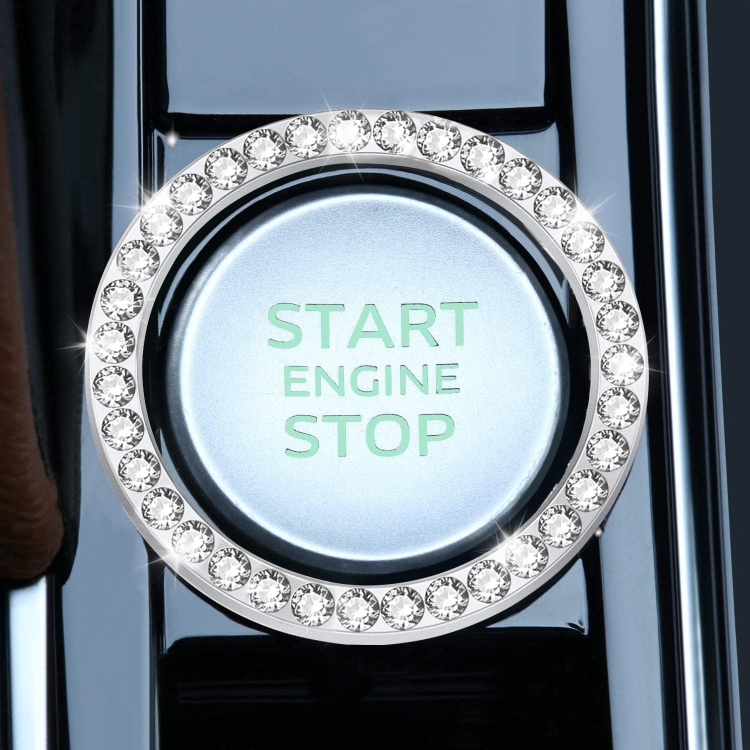 LivTee 2 PCS Crystal Rhinestone Car Engine Stop Decoration Ring, Bling Interior Accessories for Women, Push to Start Button Cover/Sticker, Key Ignition & Knob, White