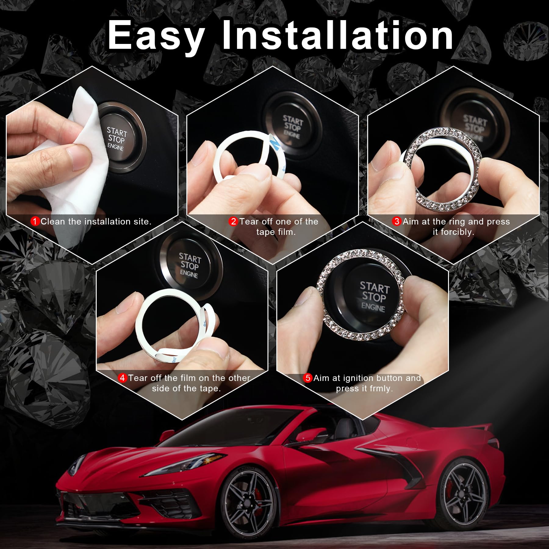 LivTee 2 PCS Crystal Rhinestone Car Engine Stop Decoration Ring, Bling Interior Accessories for Women, Push to Start Button Cover/Sticker, Key Ignition & Knob, White