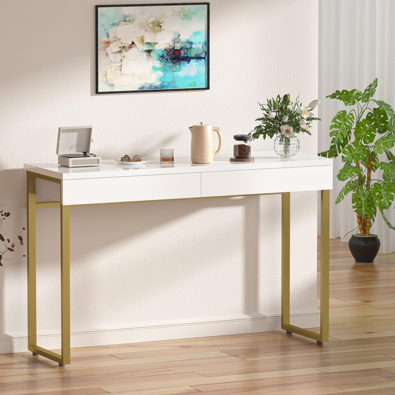 GreenForest Vanity Desk with 2 Drawers,39 inch White Desk with Glossy Desktop Easy Clean,Makeup Dressing Table with Metal Gold Legs for Home Office Small Spaces,Bedroom