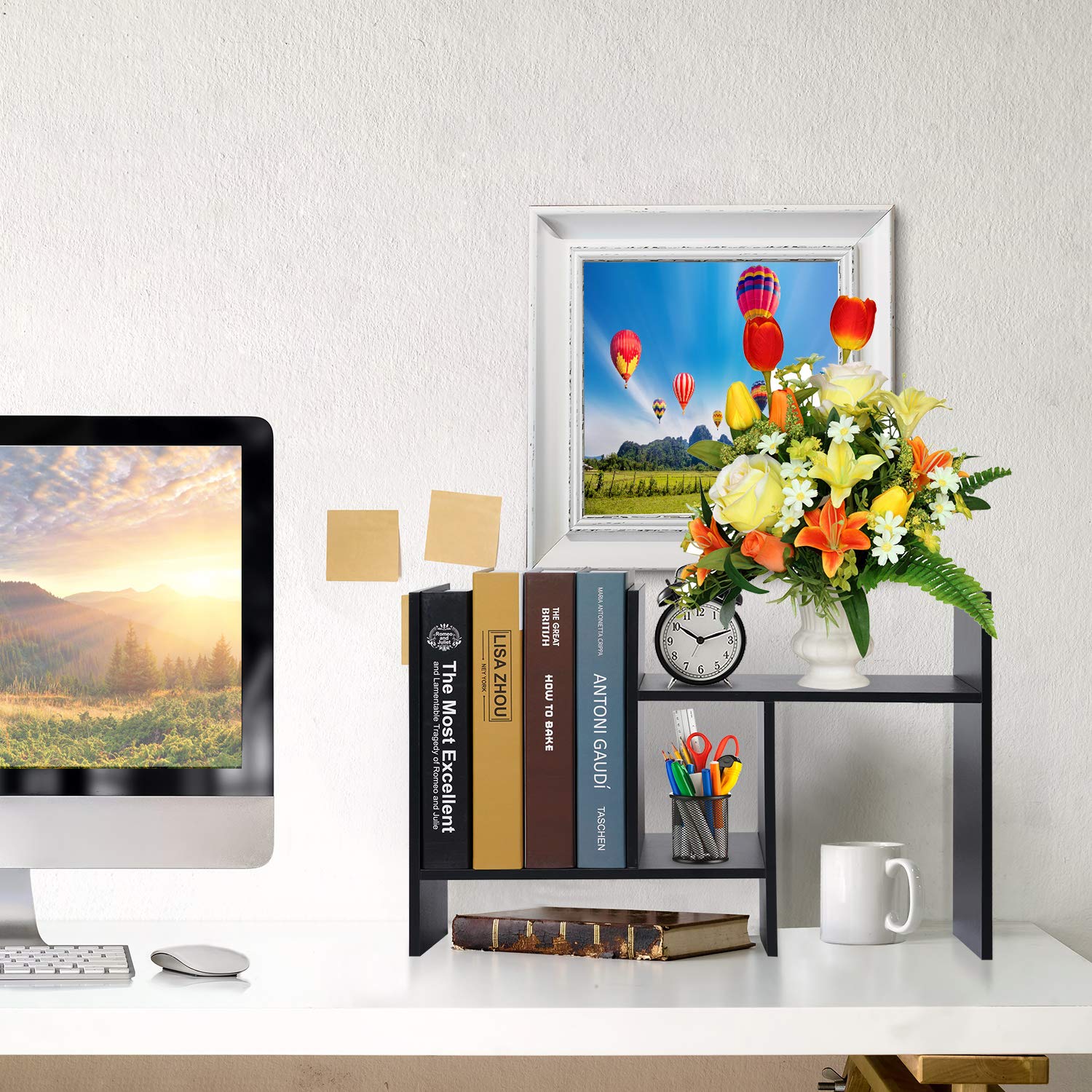 Hossejoy Desktop Organizer Office Storage Rack Adjustable Wood Desk Organizer Display Shelf, Countertop Bookcase Desktop Bookshelf- Free Style Double H Display, Black