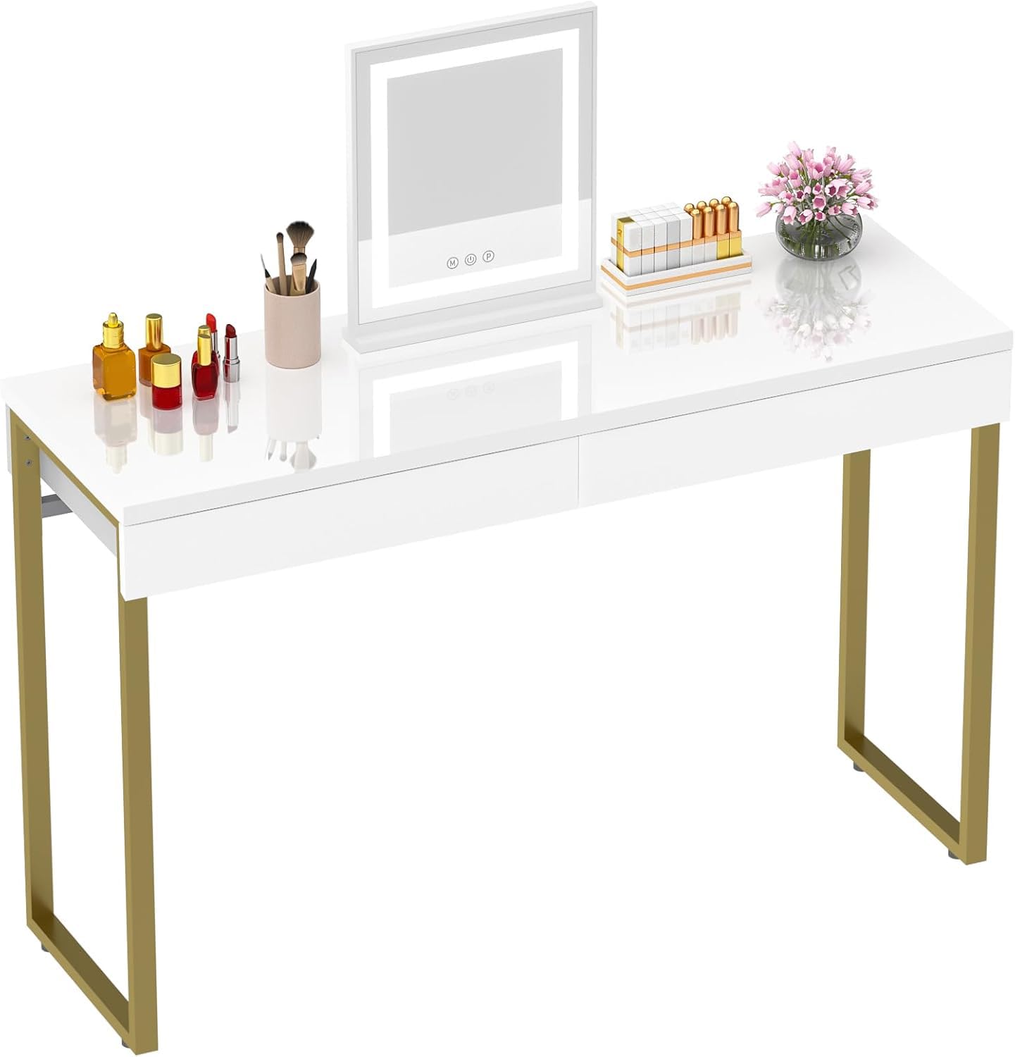 GreenForest Vanity Desk with 2 Drawers,39 inch White Desk with Glossy Desktop Easy Clean,Makeup Dressing Table with Metal Gold Legs for Home Office Small Spaces,Bedroom