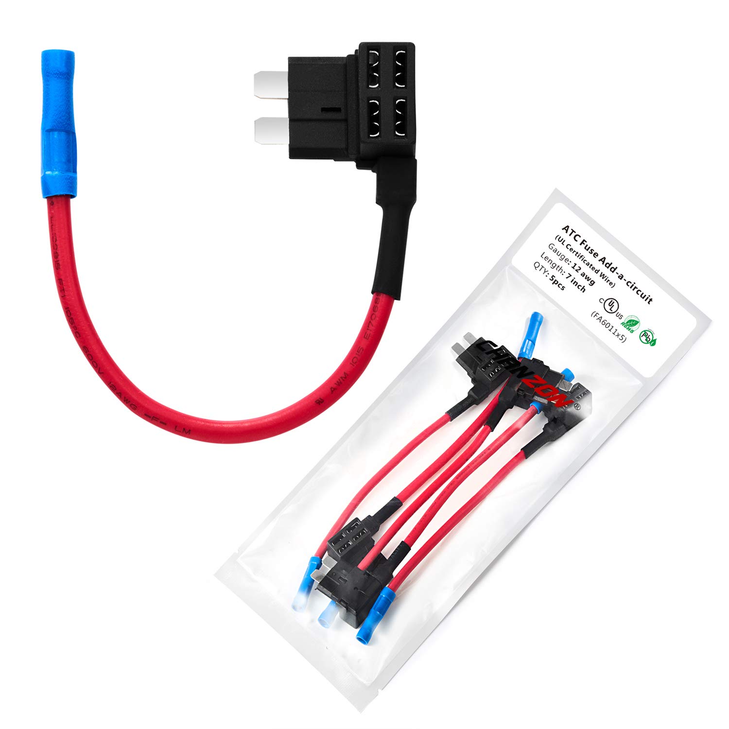 [UL Wire] Chanzon 5pcs 12awg Add-a-Circuit Fuse Tap Adapter ATC/ATO/Standard Fuse Holder for 35A Automotive Car Motorcycle