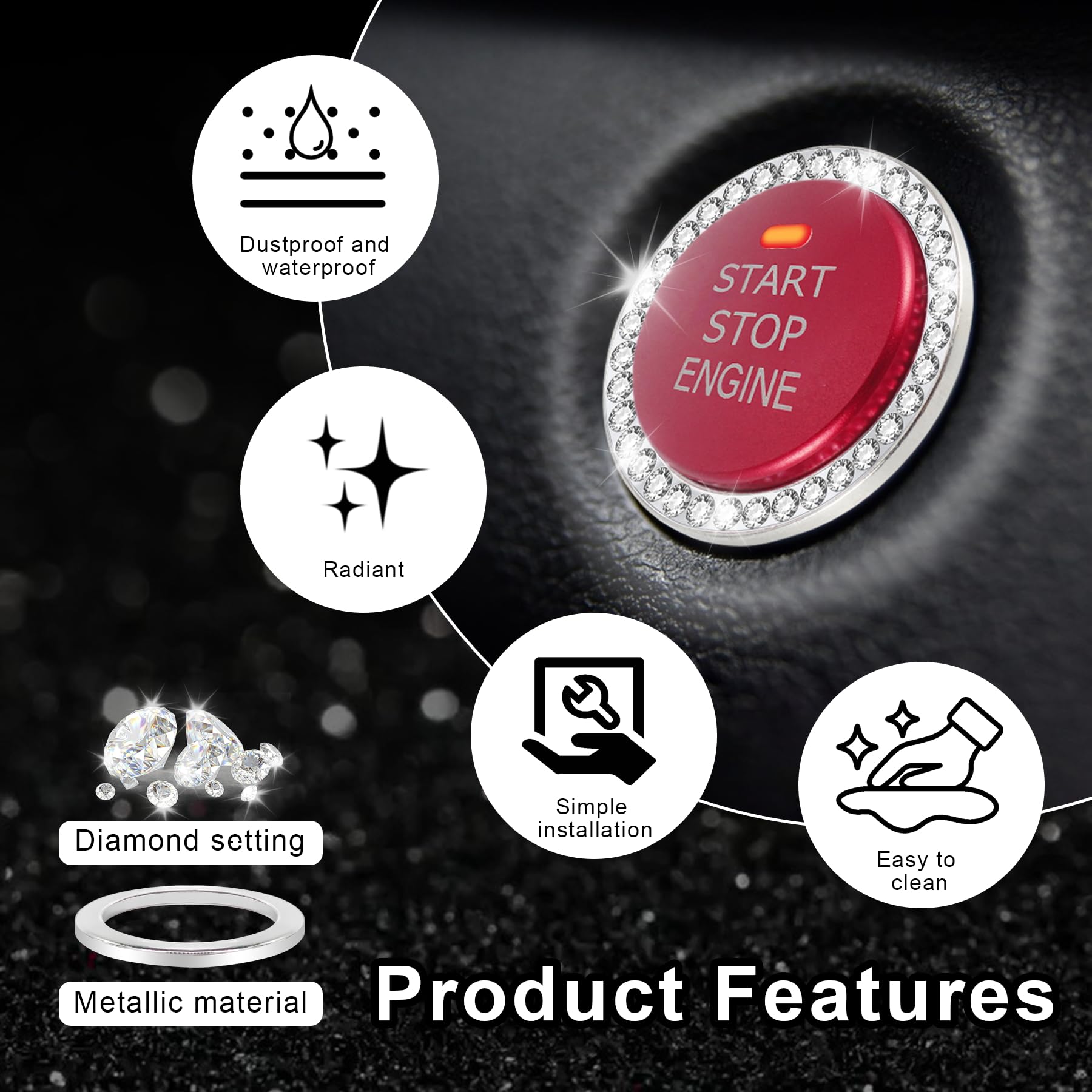 LivTee 2 PCS Crystal Rhinestone Car Engine Stop Decoration Ring, Bling Interior Accessories for Women, Push to Start Button Cover/Sticker, Key Ignition & Knob, White