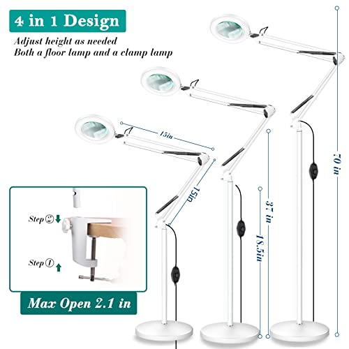 TOMSOO 4-in-1 Magnifying Glass with Light, White/Warm White Lighted Magnifier Lens - Adjustable Swivel Arm Full Spectrum LED Magnifying Floor Lamp with Clamp for Reading, Crafts, Close Work (White)