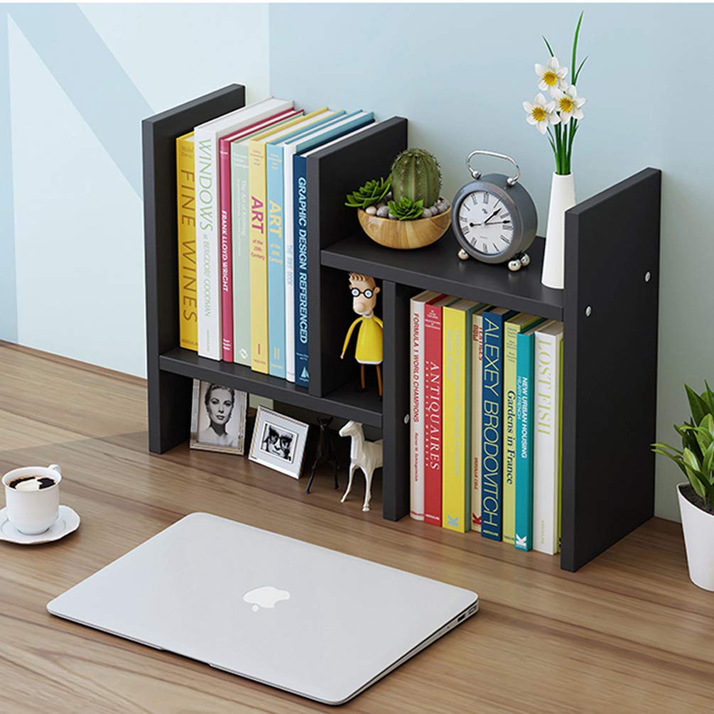 Hossejoy Desktop Organizer Office Storage Rack Adjustable Wood Desk Organizer Display Shelf, Countertop Bookcase Desktop Bookshelf- Free Style Double H Display, Black