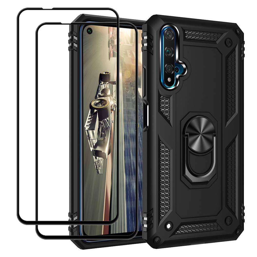 EasyLifeGo for Huawei Nova 5T / HONOR 20 Case with Screen Protector Tempered Glass [2 pieces], Hybrid Heavy Duty Armor Dual Layer Anti-Scratch Case Cover, Black