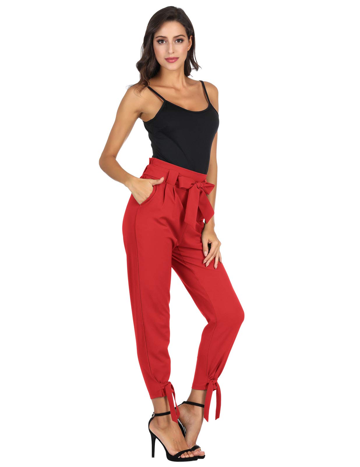 GRACE KARIN Womens Casual High Waist Pencil Pants with Pockets Bow-Knot Cropped Paper Bag Pants for Work Red XL