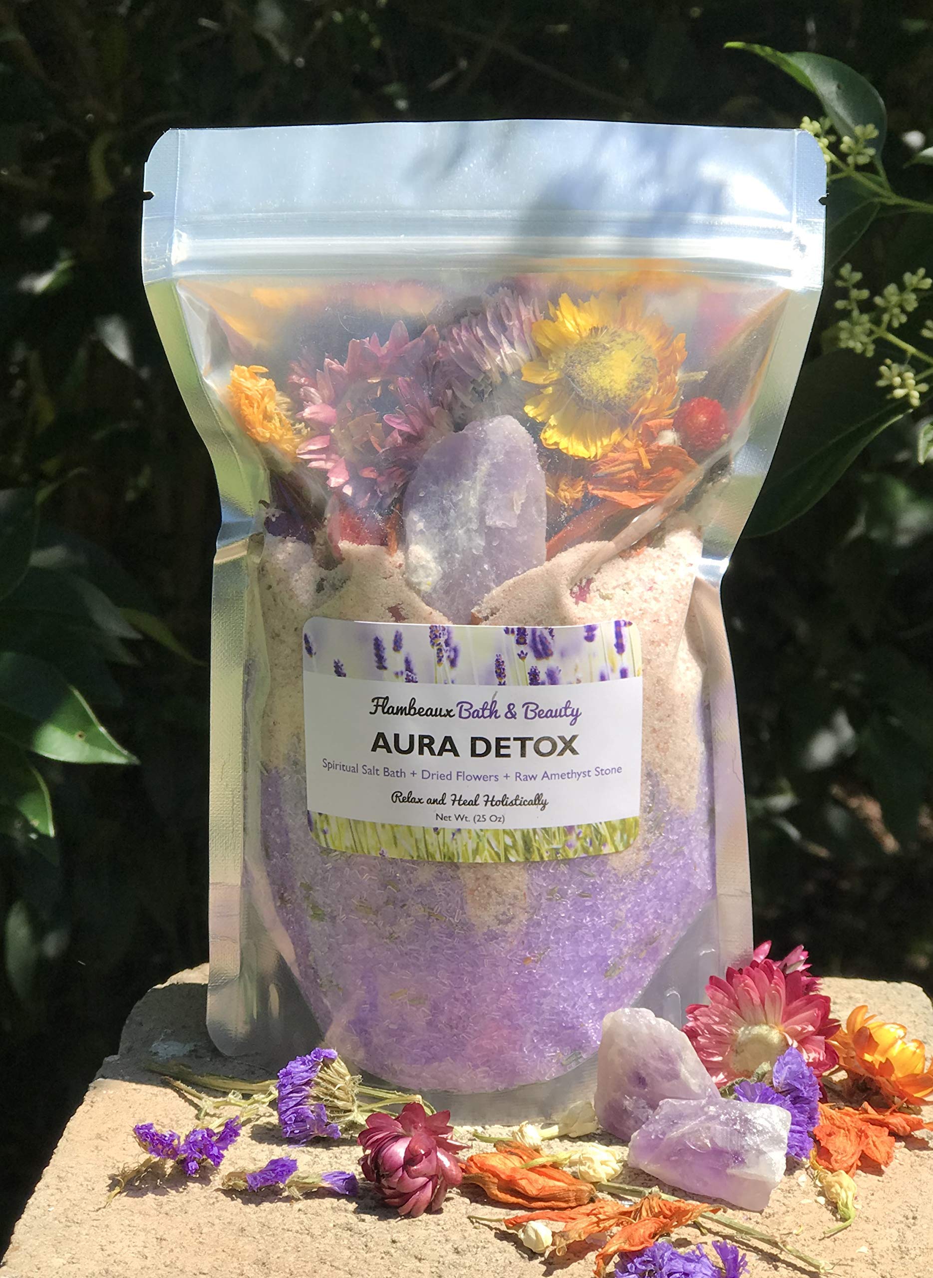 Flambeaux Bath & Beauty | Detoxifying Spiritual Salt Bath | Epsom Salt Detox Bath | Easy Press Lock Seal | Dried Flowers | Raw Amethyst Stone