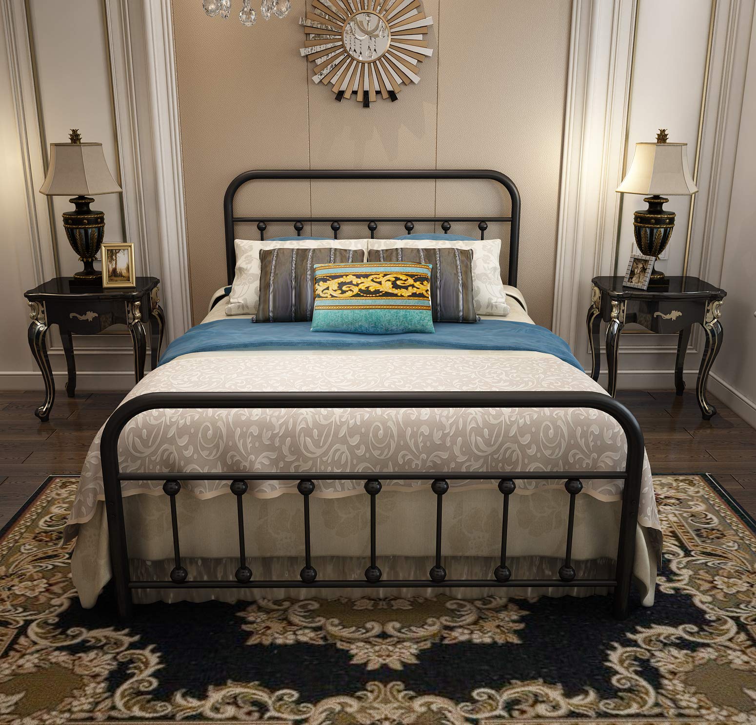 YALAXON Vintage Sturdy Full Size Metal Bed Frame with Headboard and Footboard Basic Bed Frame No Box Spring Needed,Black