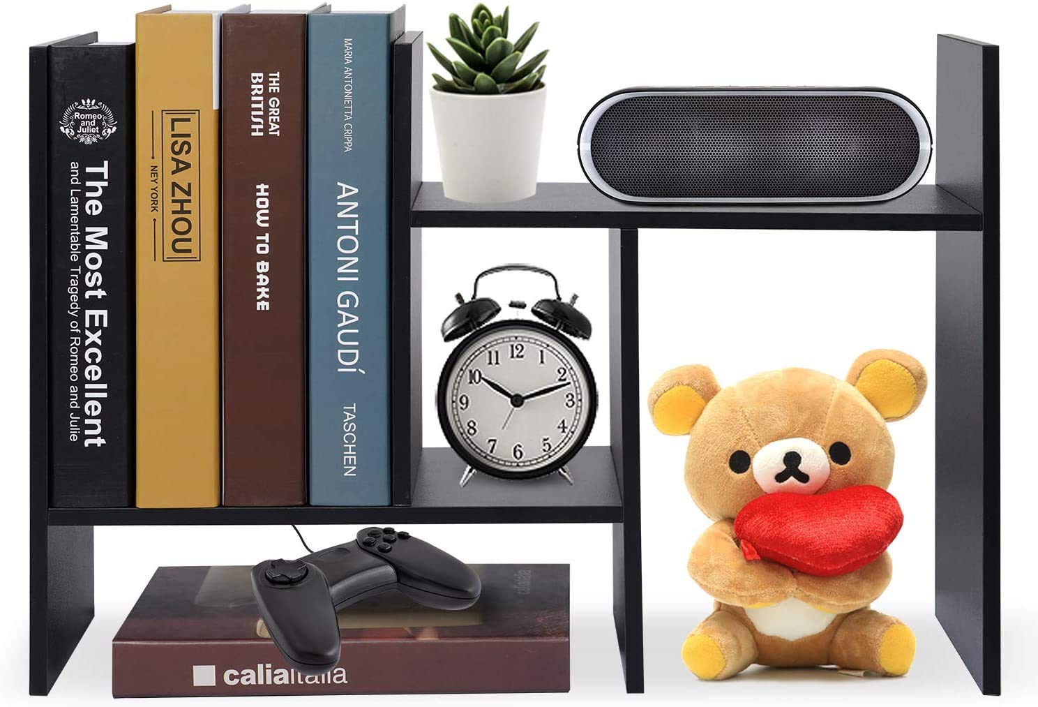 Hossejoy Desktop Organizer Office Storage Rack Adjustable Wood Desk Organizer Display Shelf, Countertop Bookcase Desktop Bookshelf- Free Style Double H Display, Black