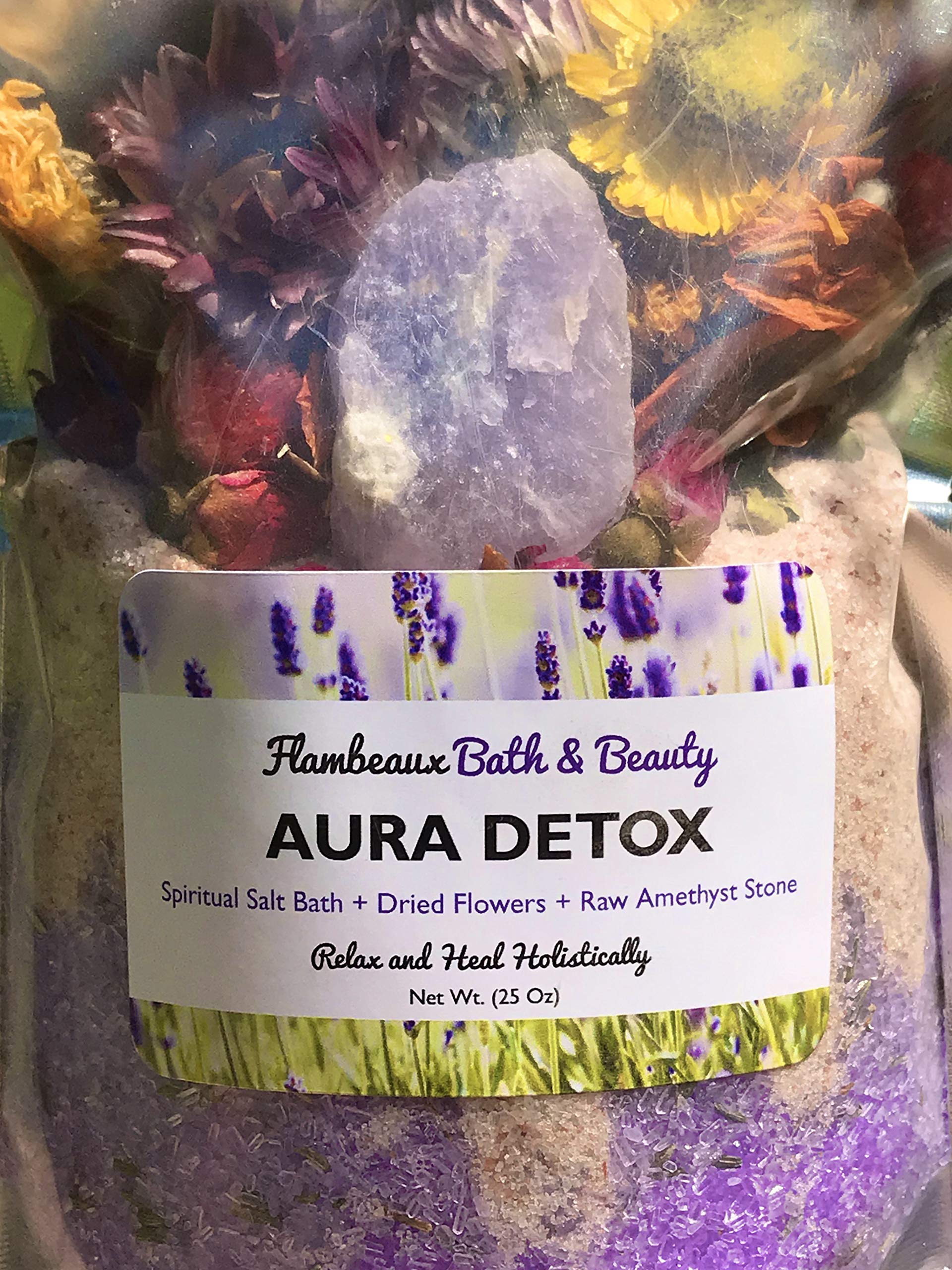 Flambeaux Bath & Beauty | Detoxifying Spiritual Salt Bath | Epsom Salt Detox Bath | Easy Press Lock Seal | Dried Flowers | Raw Amethyst Stone
