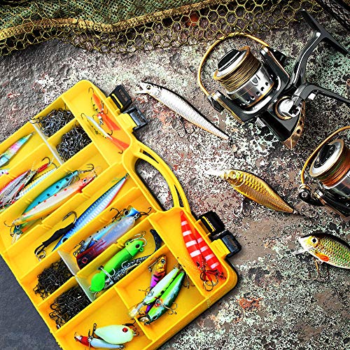 Goture Fishing Tackle Storage Hard Case 2 Sided Storage Trays Handle Portable Plastic Organizer Box 44 Compartments Sea Boat Accessory 12 8 3 Smoke Yellow