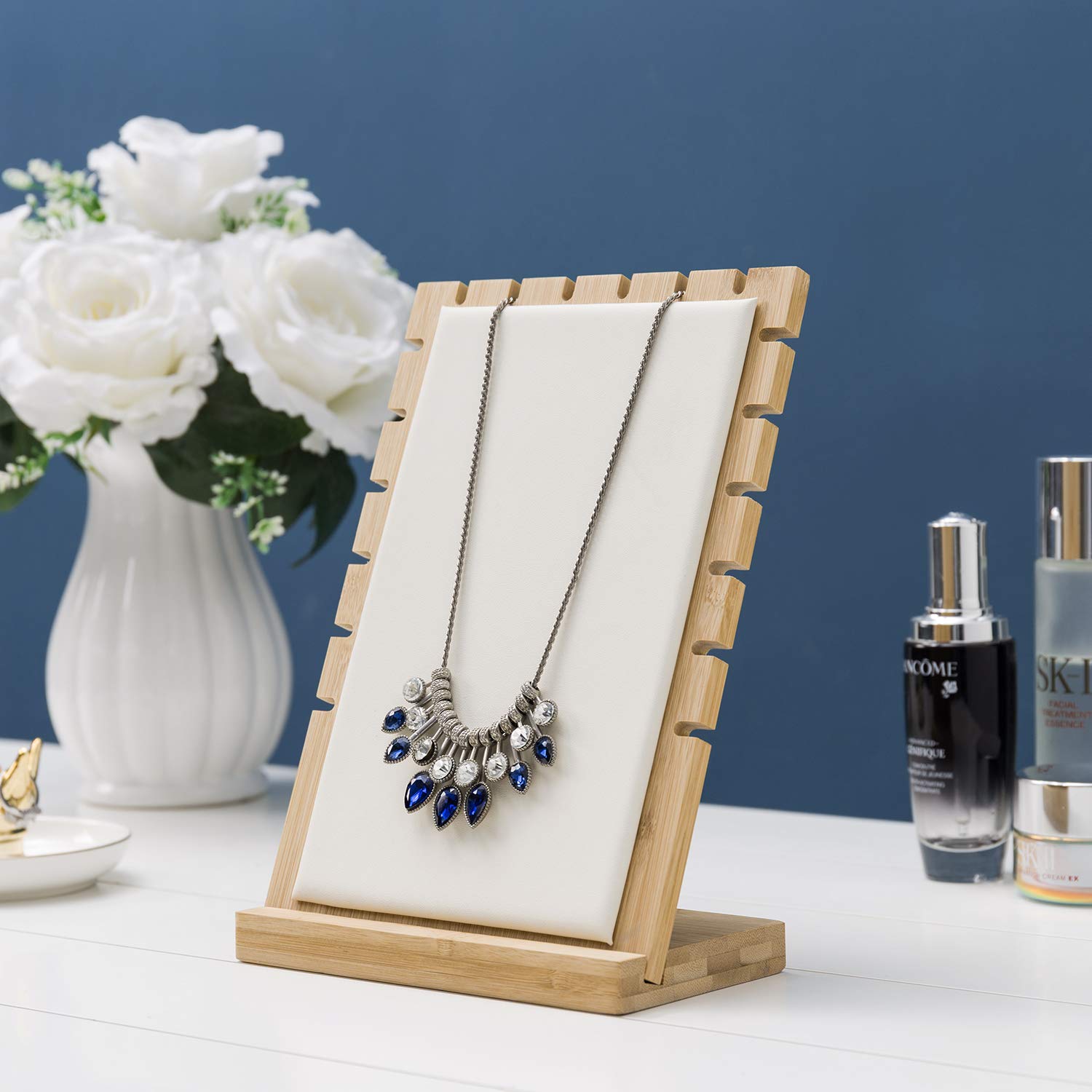MyGift 2-Pack Bamboo Jewelry Display Stands with PU Panel & Multi-Rung Design – Detachable Bases, Non-Scratch Surface | Portable Necklace Holder for Home, Boutique, Countertop