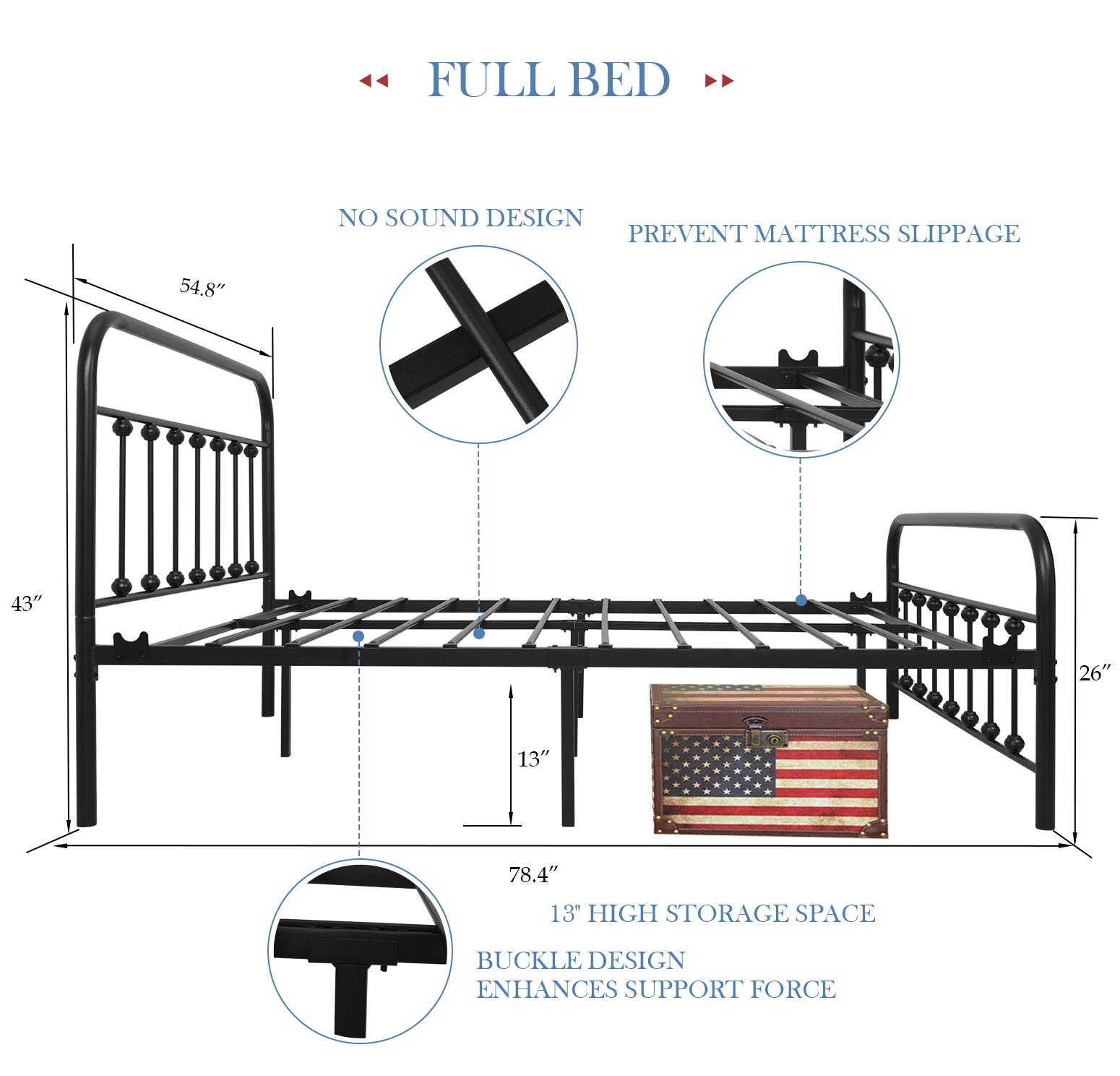 YALAXON Vintage Sturdy Full Size Metal Bed Frame with Headboard and Footboard Basic Bed Frame No Box Spring Needed,Black