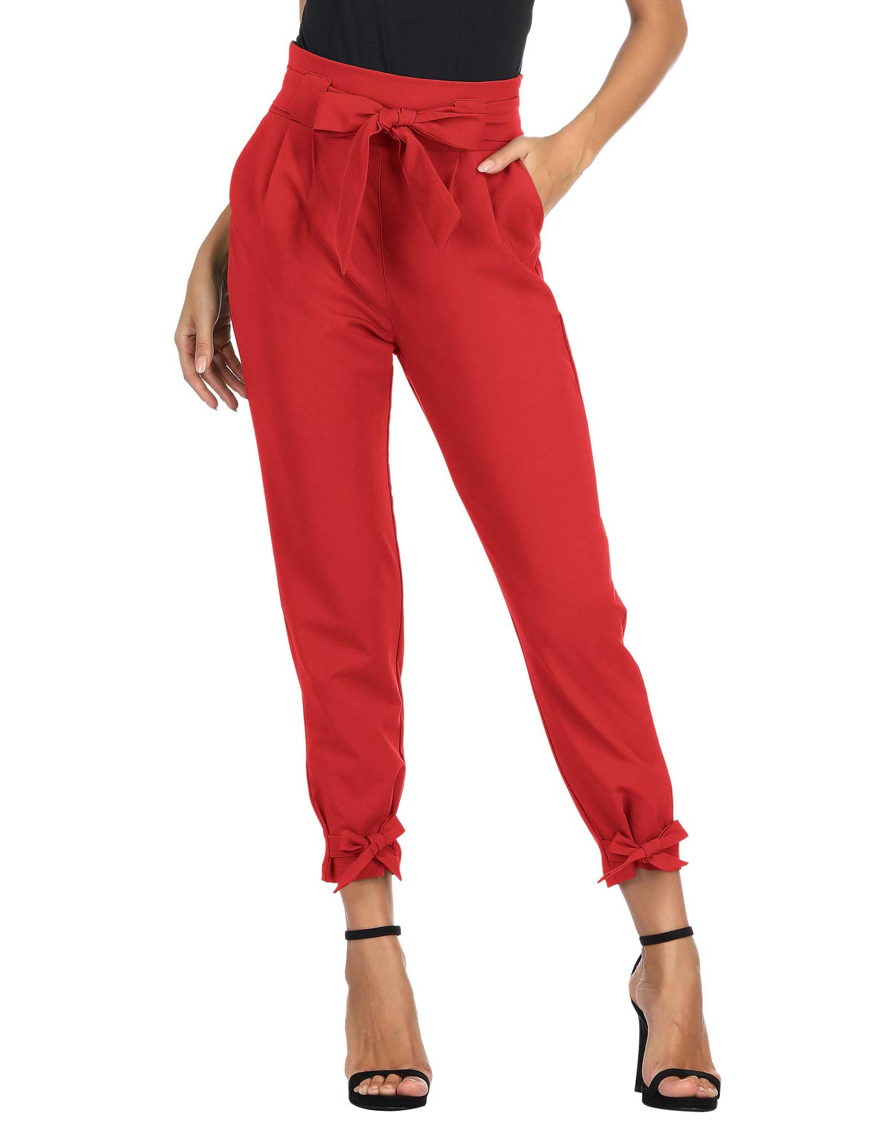 GRACE KARIN Womens Casual High Waist Pencil Pants with Pockets Bow-Knot Cropped Paper Bag Pants for Work Red XL