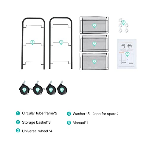 3-Tier Mesh Wire Rolling Cart with Baskets, Christmas Gifts Multifunction Utility Cart Wheels Lockable , Office Bedroom Storage Organizer , Easy Assembly Mesh Trolley Cart , Slide-Out Shelf, Black