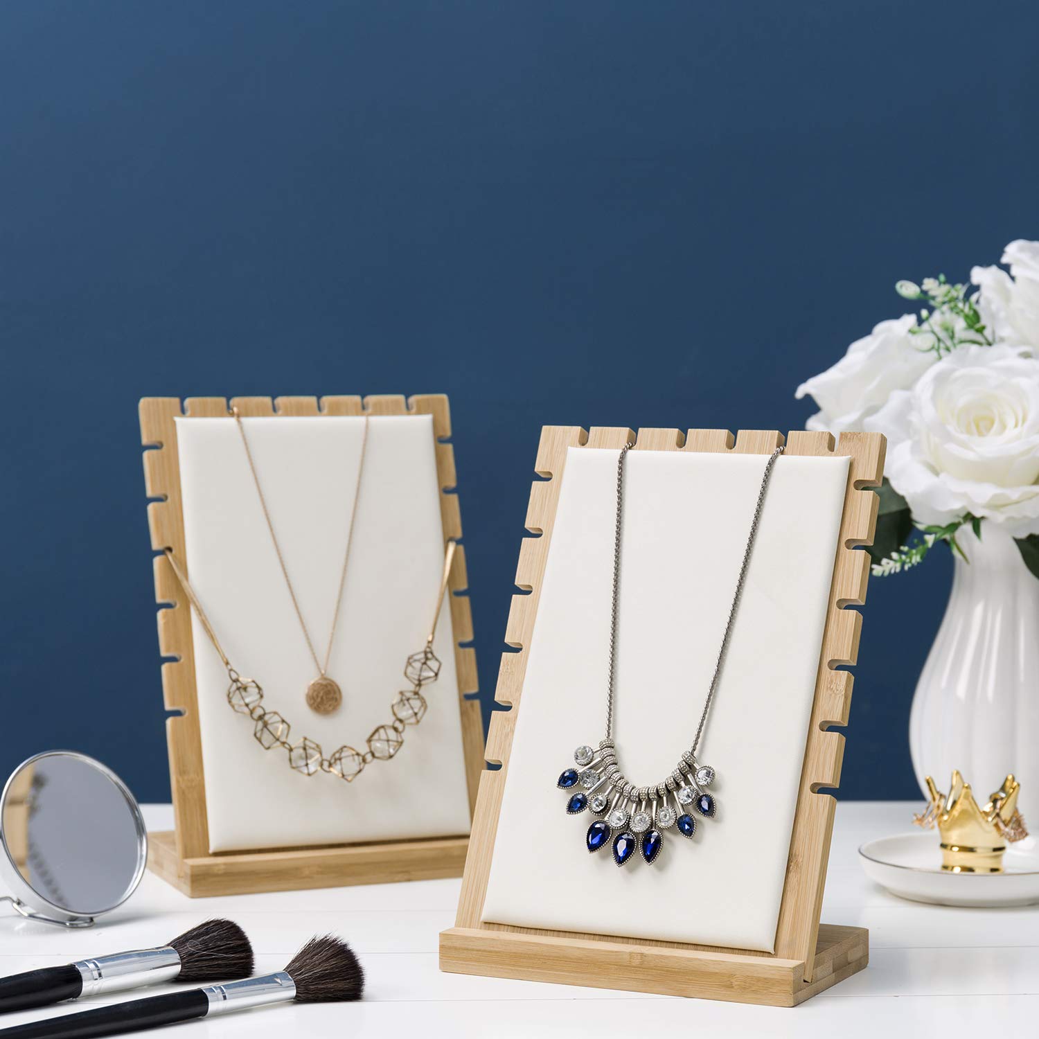 MyGift 2-Pack Bamboo Jewelry Display Stands with PU Panel & Multi-Rung Design – Detachable Bases, Non-Scratch Surface | Portable Necklace Holder for Home, Boutique, Countertop