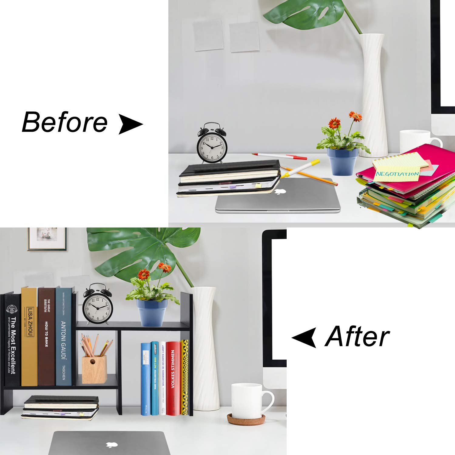 Hossejoy Desktop Organizer Office Storage Rack Adjustable Wood Desk Organizer Display Shelf, Countertop Bookcase Desktop Bookshelf- Free Style Double H Display, Black