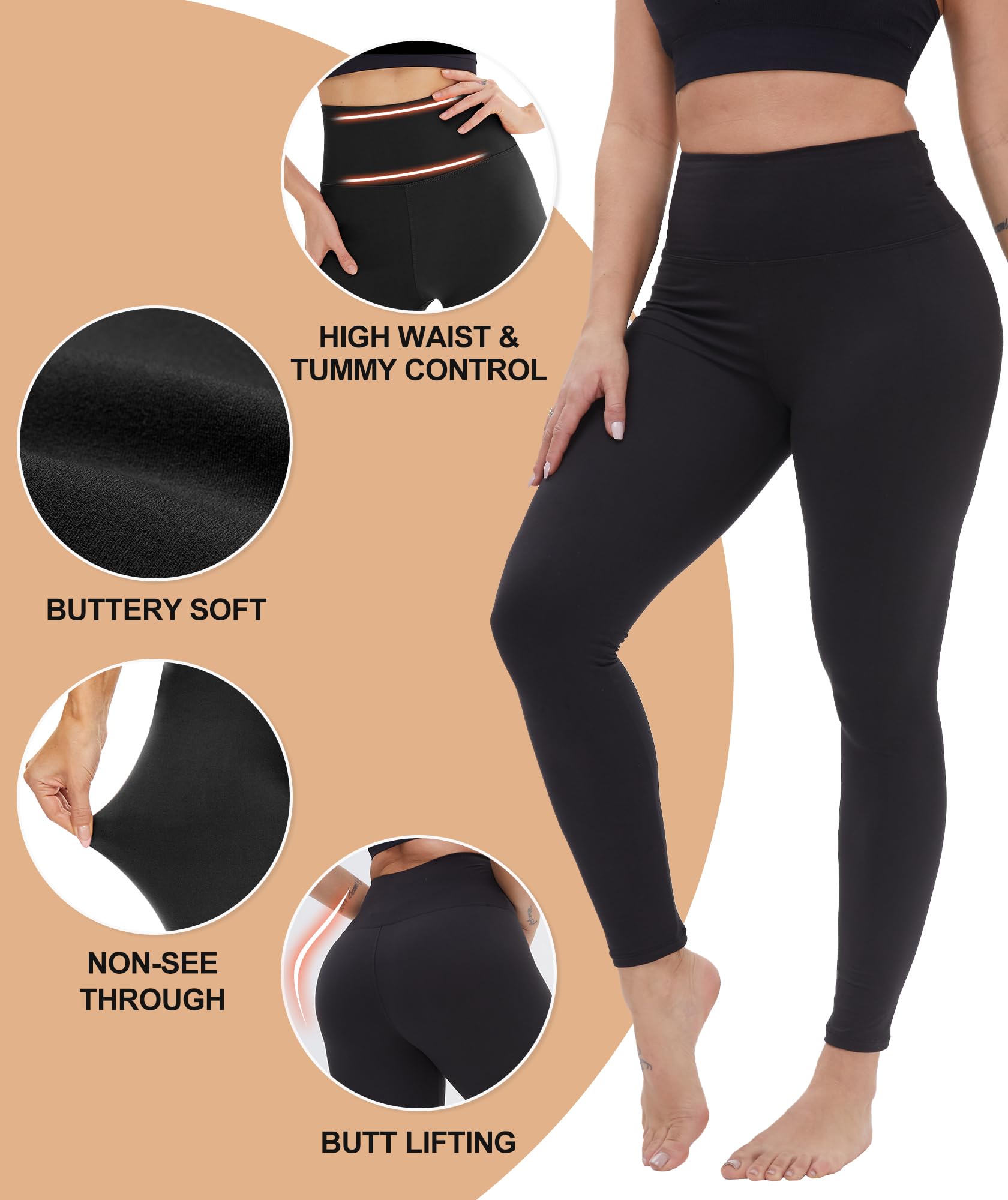 High Waisted Leggings for Women - Buttery Soft Tummy Control Yoga Pants for Workout, Running - Reg & Plus Size, Large-X-Large (Black)