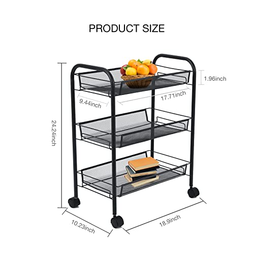 3-Tier Mesh Wire Rolling Cart with Baskets, Christmas Gifts Multifunction Utility Cart Wheels Lockable , Office Bedroom Storage Organizer , Easy Assembly Mesh Trolley Cart , Slide-Out Shelf, Black