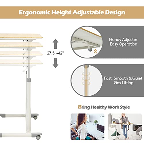 COSTWAY Mobile Height Adjustable Standing Desk, Compact Pneumatic Sit to Stand Computer Desk w/Lockable Casters, Ergonomic Rolling Laptop Table w/Steel Frame for Home Office (Natural)