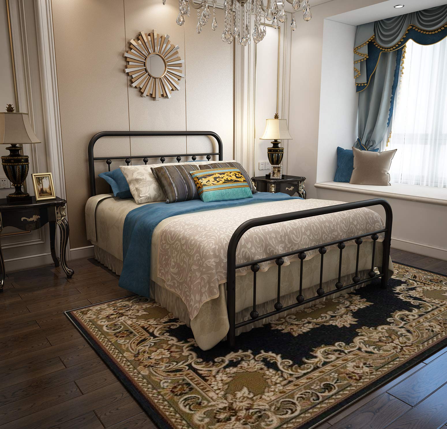 YALAXON Vintage Sturdy Full Size Metal Bed Frame with Headboard and Footboard Basic Bed Frame No Box Spring Needed,Black