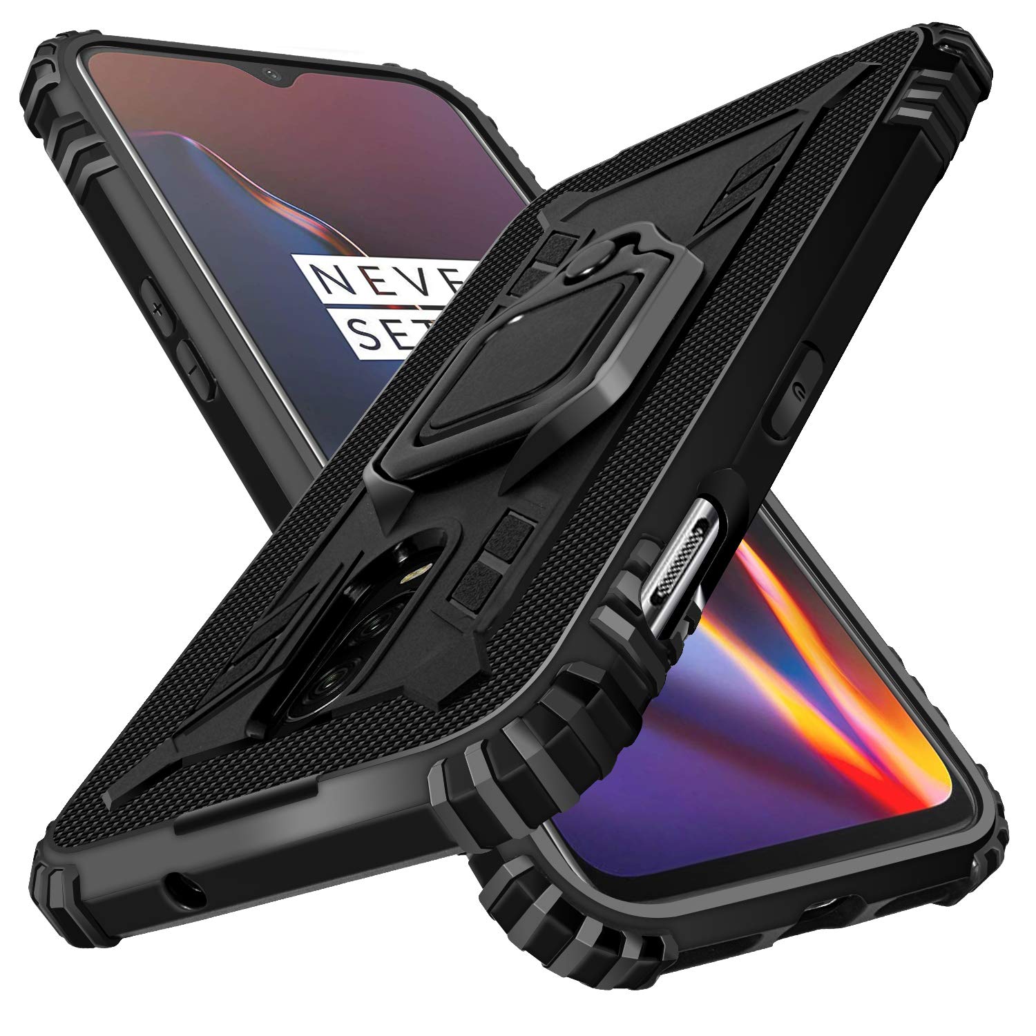Shields Up OnePlus 7/6T Carbon Case | 10ft Drop Tested | Ultra Slim, Lightweight, Scratch Resistant, Shockproof | Kickstand - Black