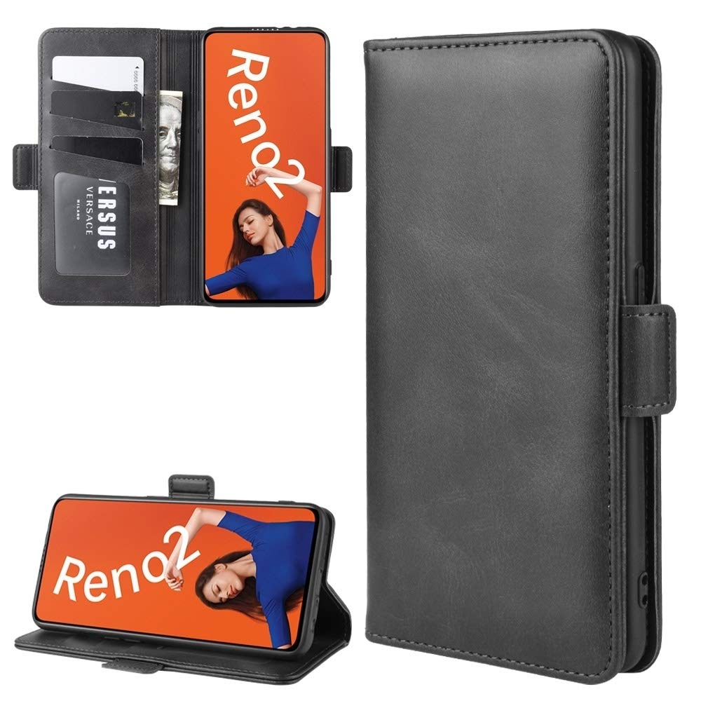 Oppo case for Oppo RENO2 Wallet Stand Leather Cell Phone Case with Wallet & Holder & Card Slots(Black) (Color : Black)