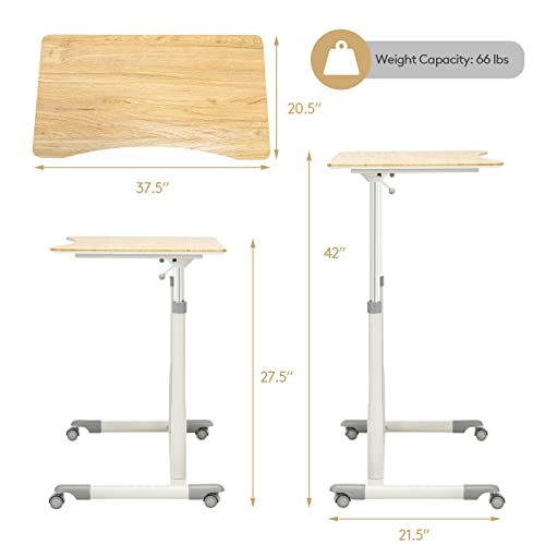 COSTWAY Mobile Height Adjustable Standing Desk, Compact Pneumatic Sit to Stand Computer Desk w/Lockable Casters, Ergonomic Rolling Laptop Table w/Steel Frame for Home Office (Natural)