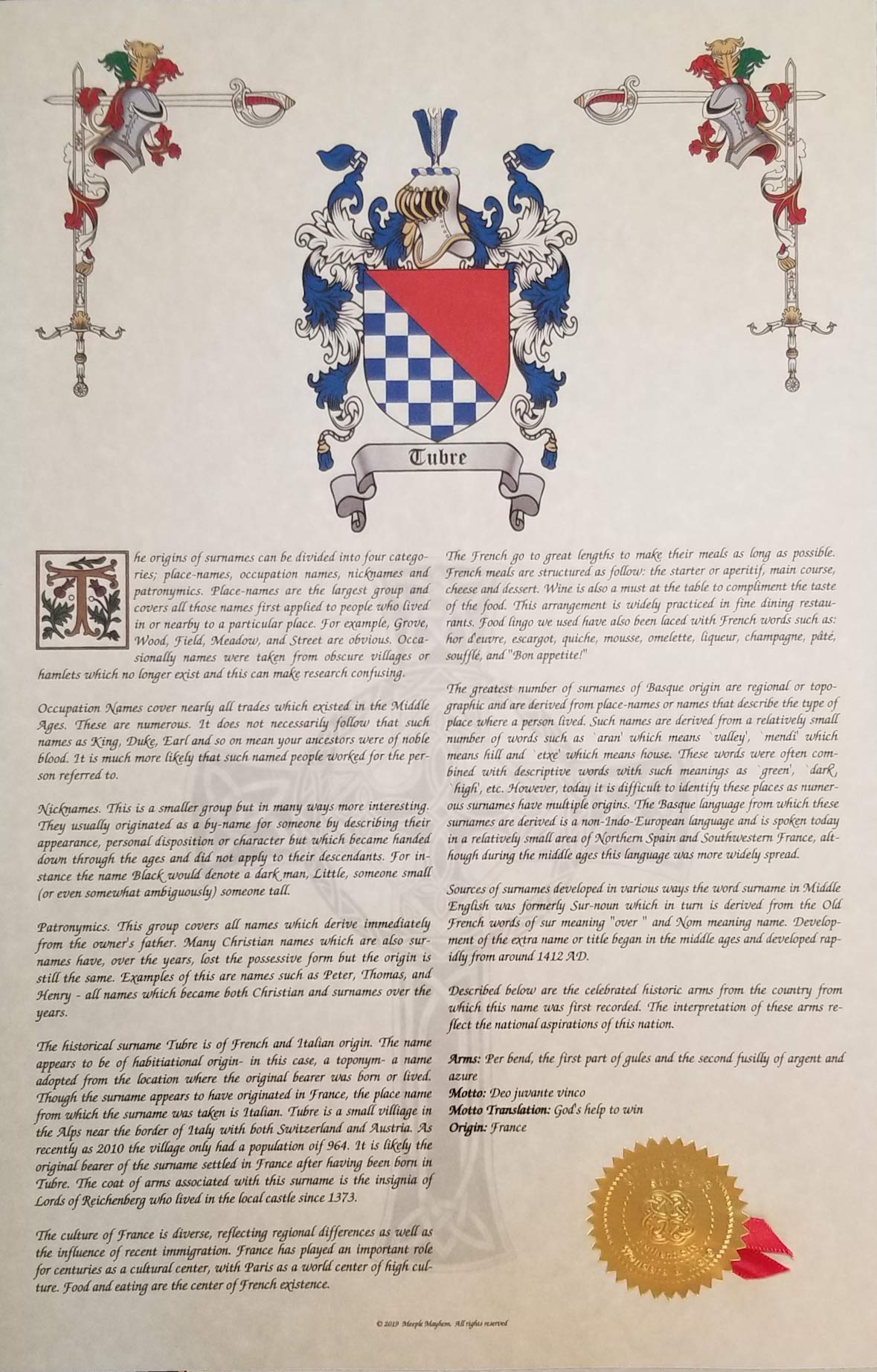 Mr Sweets Birou - Coat of Arms, Crest & History 3 Print Combo - Surname Origin: French France