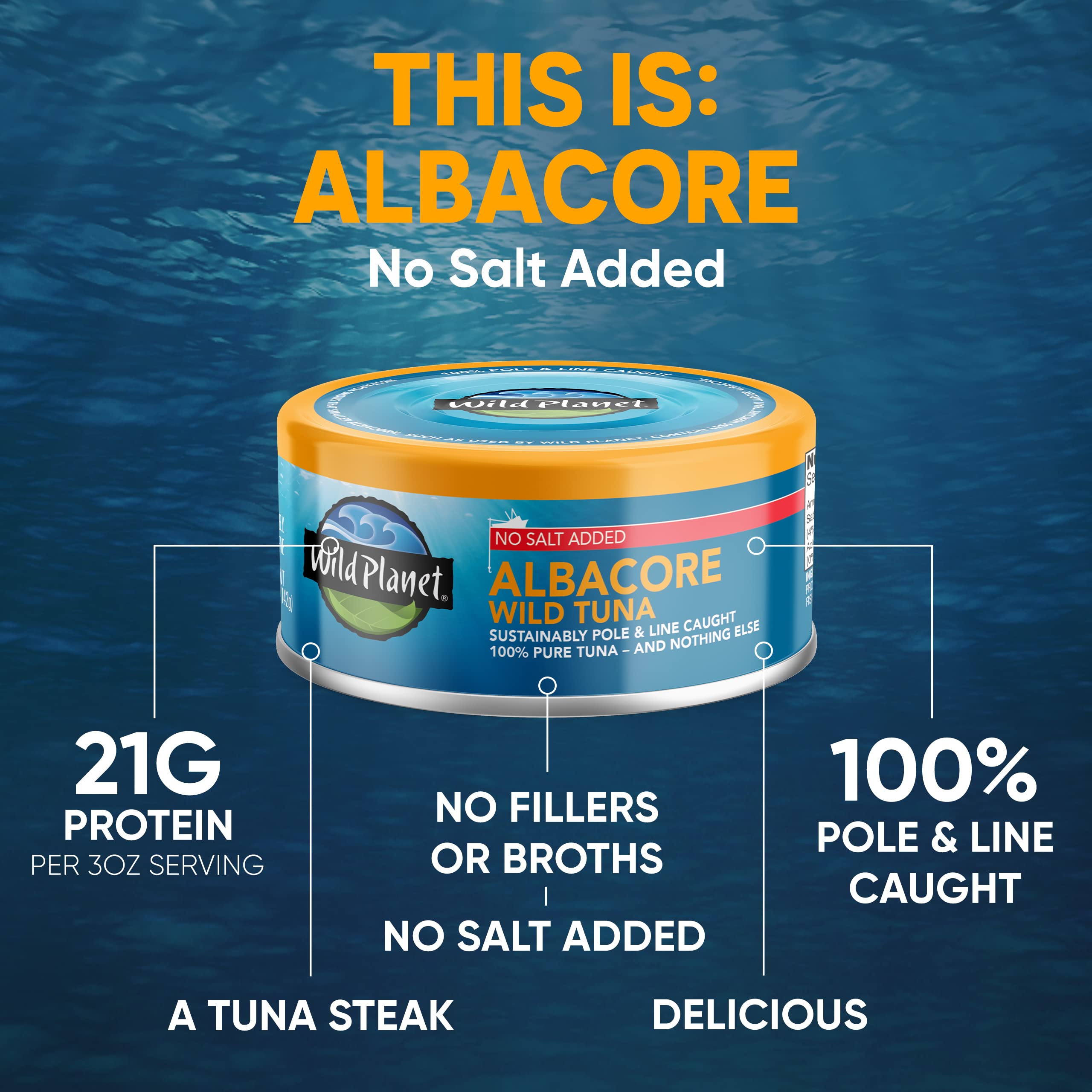 Wild Planet Albacore Wild Tuna, No Salt Added, Canned Tuna, Pole & Line Caught, 5 oz, Pack of 4, Packaging May Vary