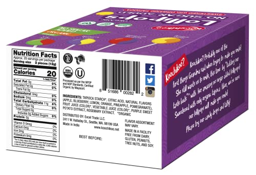 Koochikoo Organic Lollipop Variety Box, Assorted Fruit Flavor - Sugar Free, Gluten Free, Vegan - 50 Count