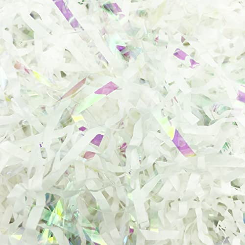 Cutcatwing 1/2 LB White and Iridescent Crinkle Paper Crinkle Cut Paper Shred Filler Diamond White Raffia Grass for Wedding Birthday Gift Wrapping Bags and Bridesmaid Engagement Gift