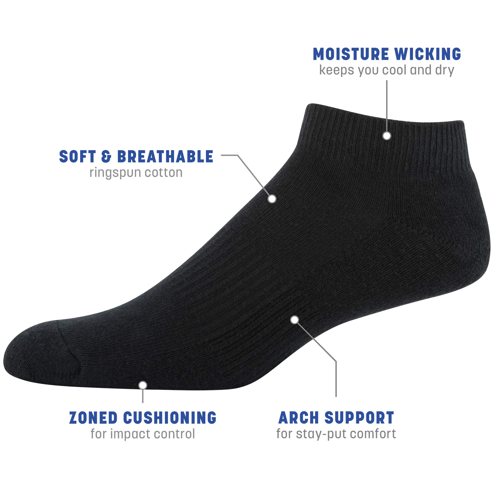 Gildan Men's Active Cotton Low Cut Socks, 10-Pairs, Black, Shoe Size: 6-12