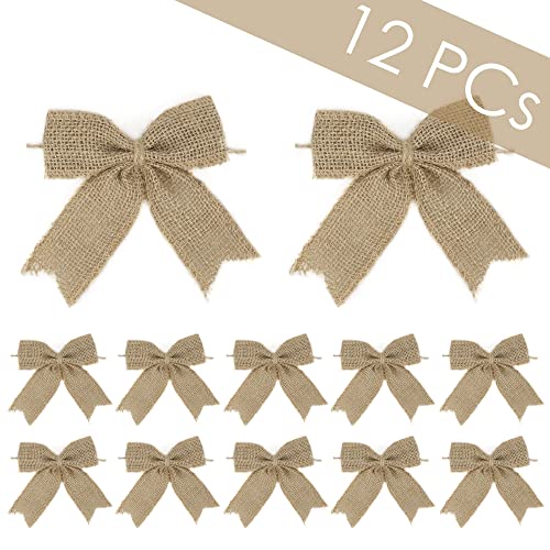 AIMUDI Natural Burlap Bows Rustic Gift Bows Christmas Wreath Bows 4 Inch Handmade Small Burlap Farmhouse Bows for Crafts Gift Wrapping Christmas Tree Wedding Home Decor Thanksgiving - 12 Counts