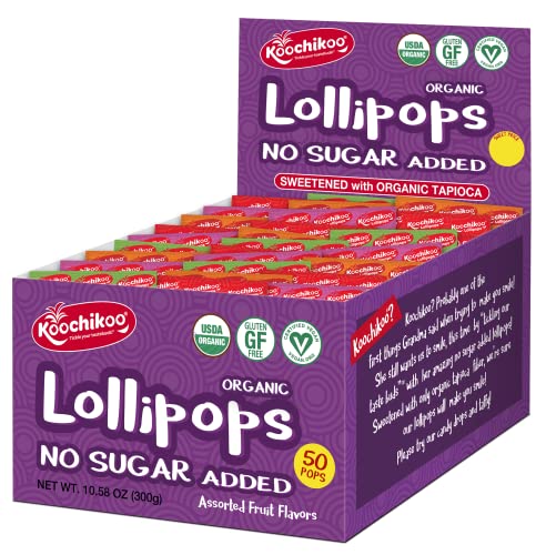 Koochikoo Organic Lollipop Variety Box, Assorted Fruit Flavor - Sugar Free, Gluten Free, Vegan - 50 Count