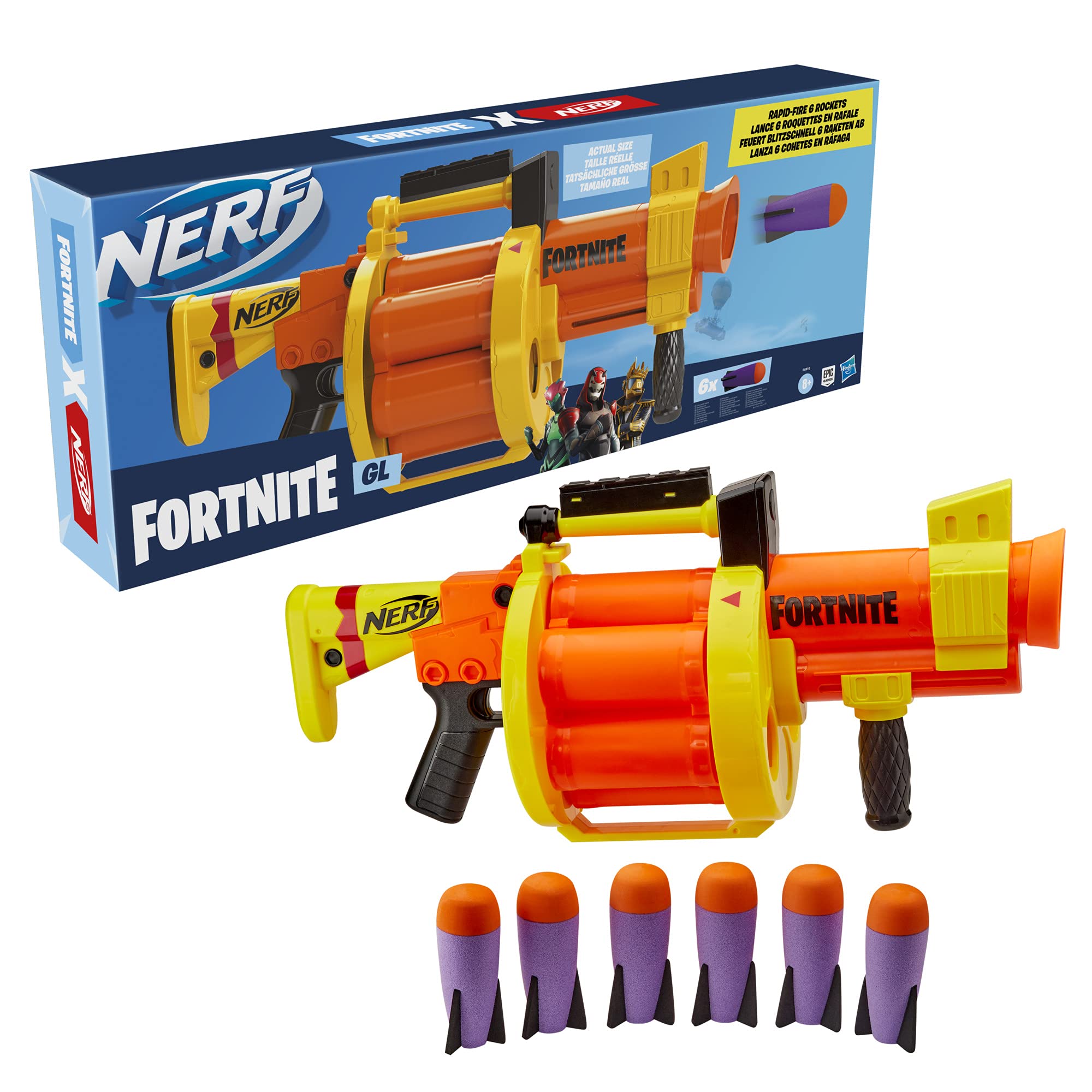 Nerf Fortnite GL Rocket-Firing Blaster - 6-Rocket Drum, Pump-to-Fire - Includes 6 Official Rockets - for Youth, Teen, Adult, Orange