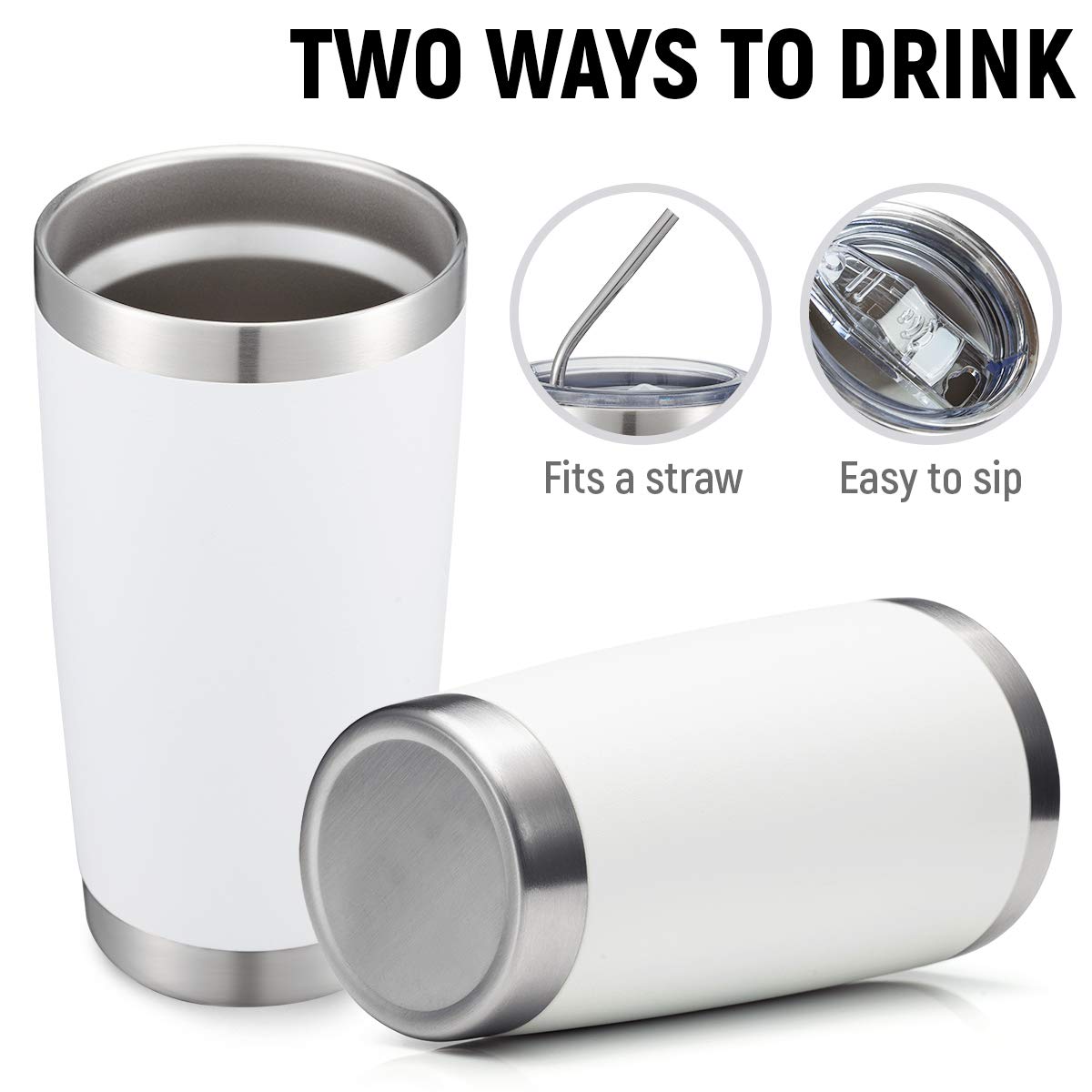 COMOOO 20oz White Tumbler Bulk with Straw Stainless Steel Insulated Coffee Tumbler Cups Double Wall Vacuum Travel Coffee Mug with Splash Proof Sliding Lid for Hot Cold Drinks (White, 4 Pack)