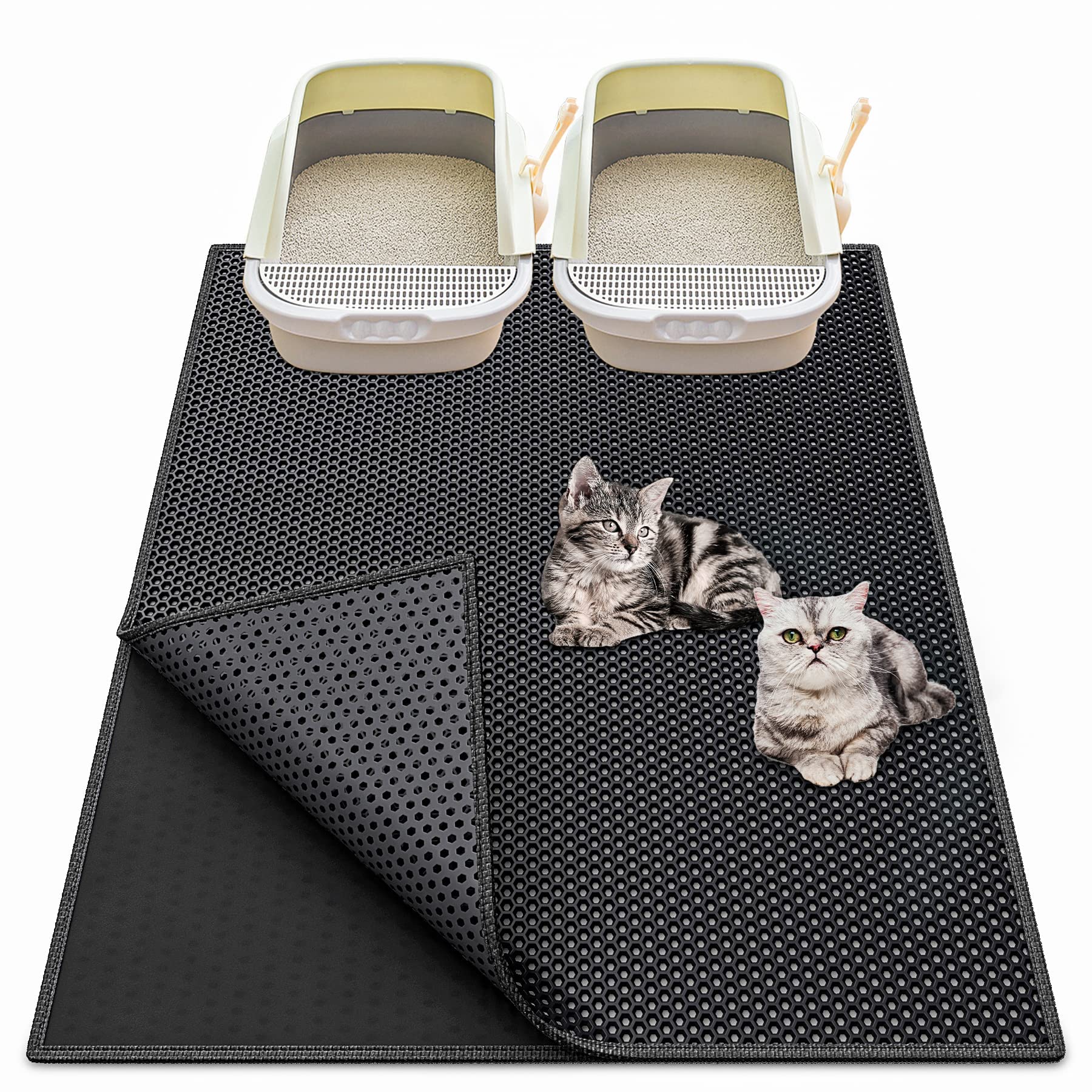 Waretary Cat Litter Box Mat: 36"x 30" Waterproof Kitty Cat Litter Trapping Mat, Easy-clean Double-layer Scatter Control Pad Rug (Black)