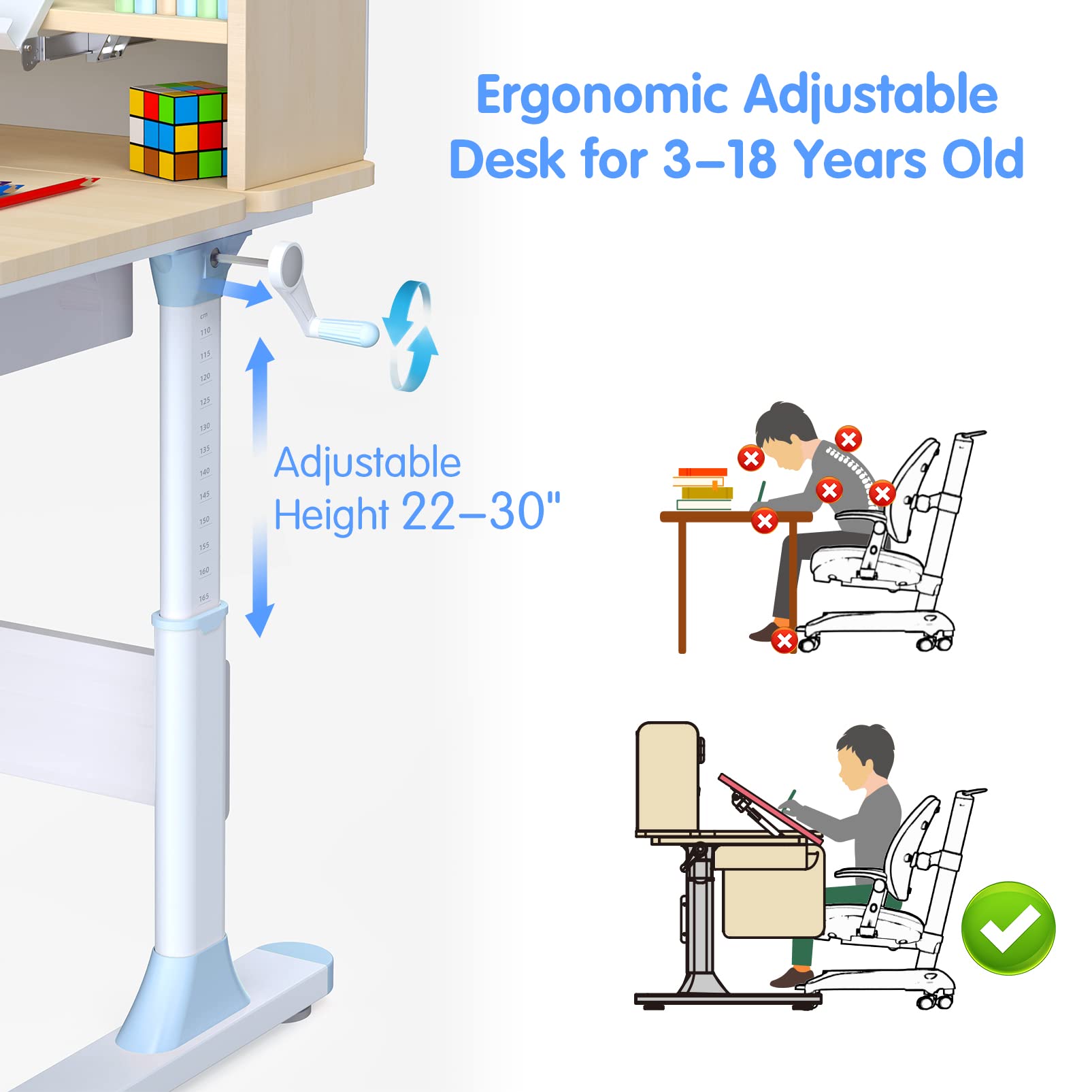 FCD Wood Adjustable Height Kids Study Desk with Chair Drafting Table Computer Station Built-in Bookshelf Hutch Multi Function (Blue, Desk and Chair)