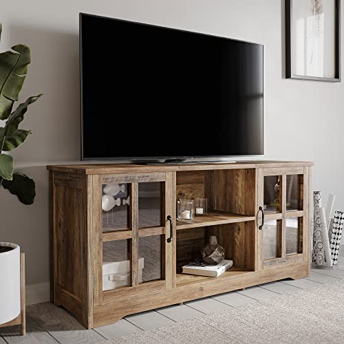 BELLEZE Modern 52 Inch Traditional TV Stand & Media Entertainment Center Console Table for TVs up to 55 Inch or Sideboard Buffet with Wood Glass Storage Cabinets - Cori (Rustic Oak)