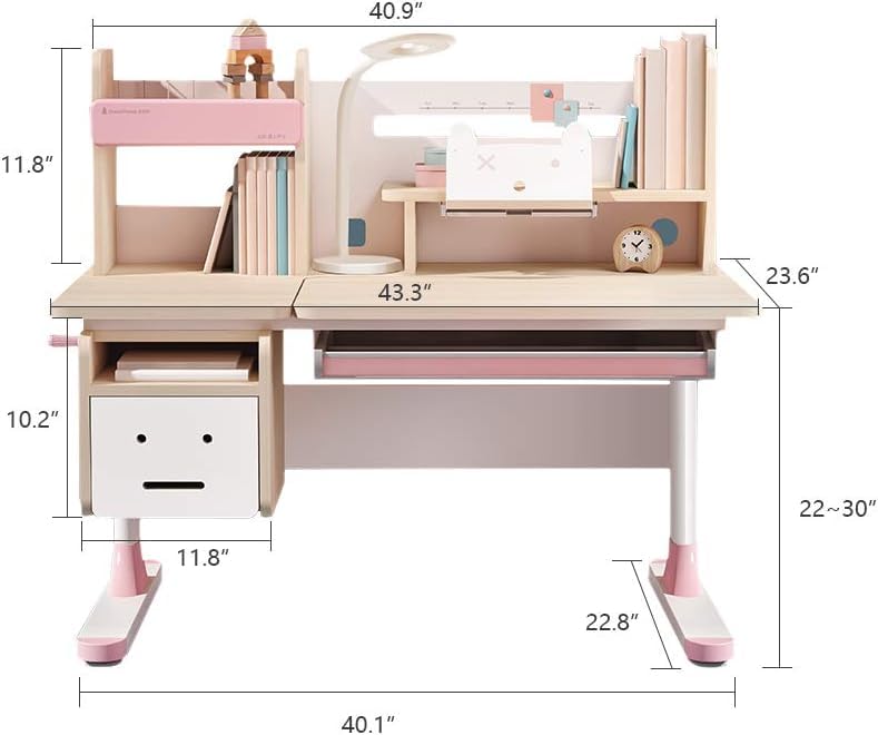 FCD Kids Desk, Wood Adjustable Height Ergomonoic Children Study Writing Reading Desk with Tiltable Desktop, Tablet Stand and Storage Drawers (Pink, Chair is not Included)