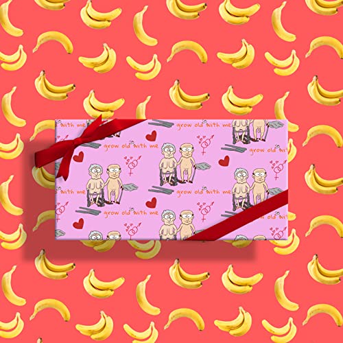 Reversible Gift Wrapping Paper - Rolled 5 Sheets -Naughty Old Couple(33" X 17" Each Sheet) - Inclueds Ribbon and Double-sided Tape - Unique Design for Anniversary Birthdays Valentine's Day and Party
