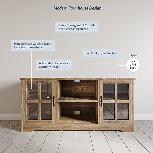 BELLEZE Modern 52 Inch Traditional TV Stand & Media Entertainment Center Console Table for TVs up to 55 Inch or Sideboard Buffet with Wood Glass Storage Cabinets - Cori (Rustic Oak)